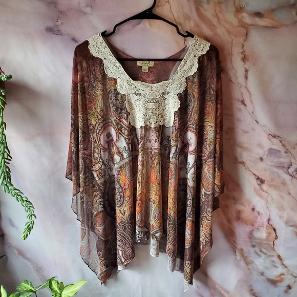 ONE WORLD | Tops | One World Sheer Flowy Boho Top | Poshmark